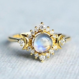 Engagement Life in Rings Rings Moon Sun Gold Anniversary Rings Commitment Celestial Wedding Fashion Ladies Gifts My Jewelry Moon Stone Diamond My Stone Rings for Women Spiritual (Gold, 6)