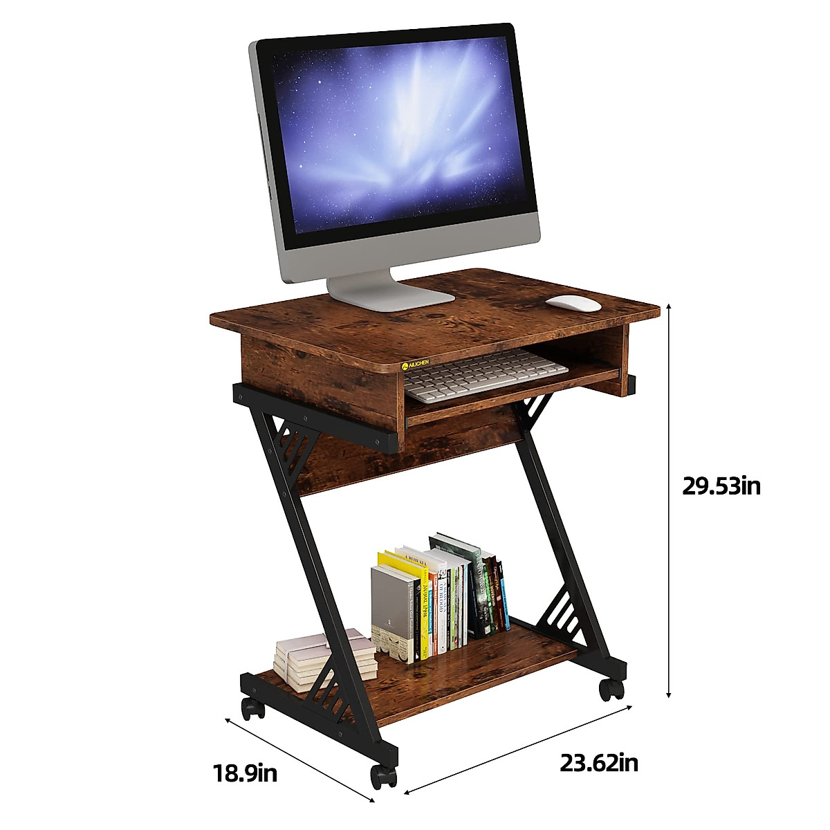 Small Corner Computer Desk, Rolling Computer Desk for Small Space Bedroom, Home Office Study Computer Desk on Wheels, Mobile Computer Table Portable Laptop Cart with Shelves,Rustic Brown