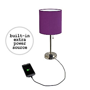 Limelights LC2001-PRP-2PK Brushed Steel Stick Lamp with Charging Outlet and Purple Fabric Shade 2 Pack Table Desk Lamp Set