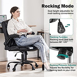 OLIXIS Ergonomic Executive Office Chair - Mid Back Height Adjustable with Flip-up Armrest, Computer Desk with Wheels, PU Leather with Lumbar Support, Black