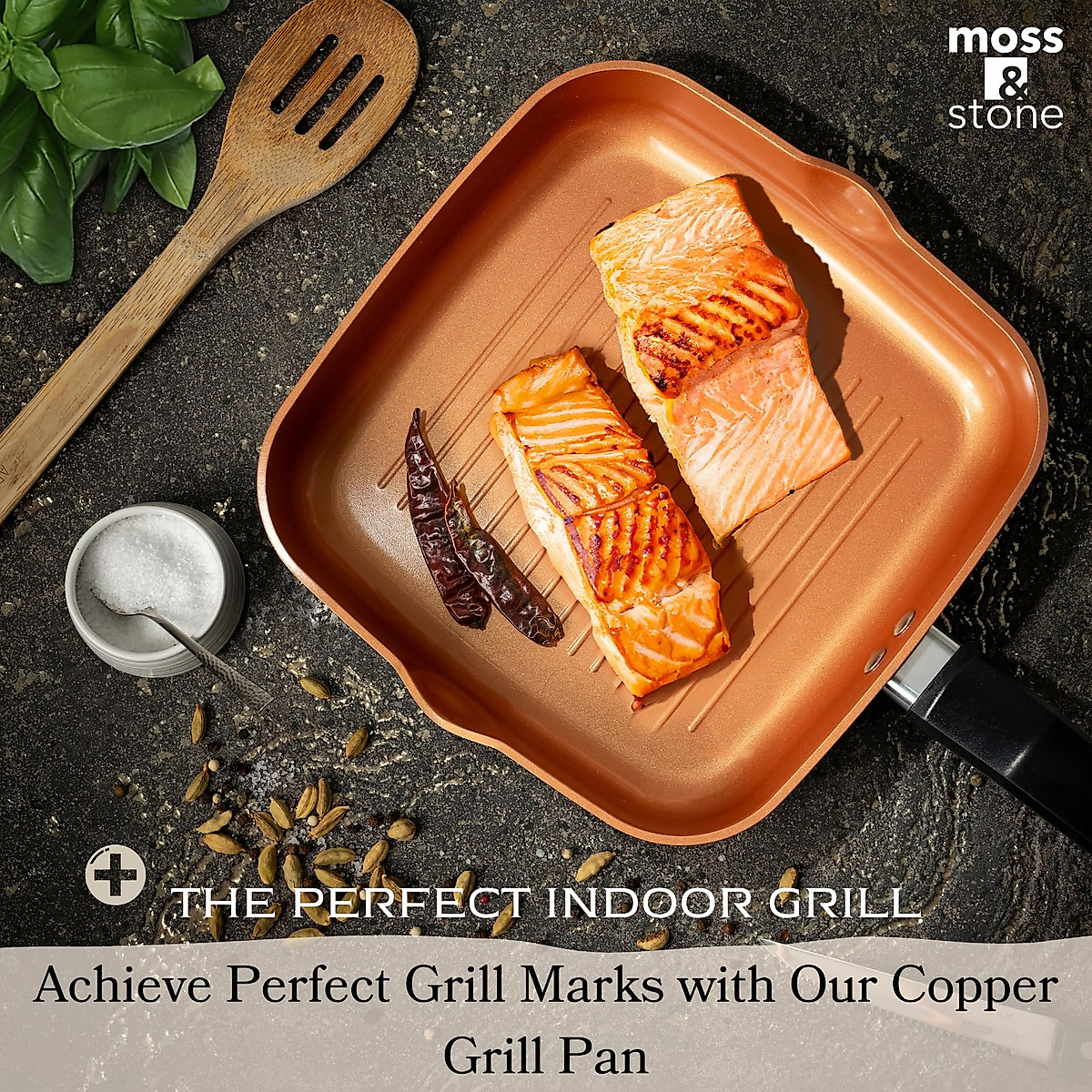 Moss & Stone Square Grill Pan For Indoor Cooking, 9.5In Frying Pan Copper Non-Stick Saute Fry Pan, Induction Copper Pan for Meats & Vegetables, Aluminum Griddle Nonstick Stove Top Grill Pan