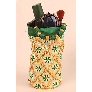 INDTRESOR beaded handcrafted embroidered evening purse drawstring handbag vintage party wedding gift for women. Green Gold