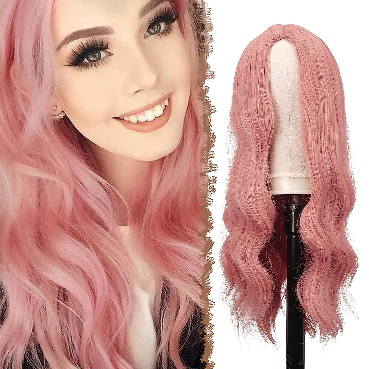 FESHFEN Long Pink Wigs for Women 22 inch Curly Wavy Full Wig Middle Parting Wigs Natural Looking Synthetic Wig Extensions for Daily Cosplay