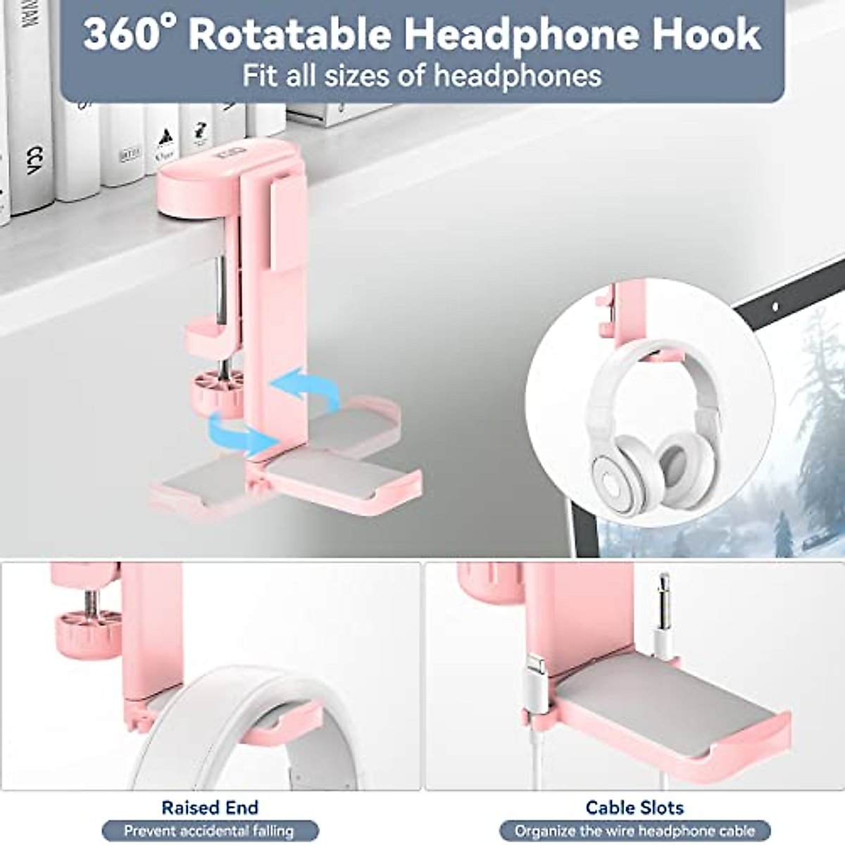 KDD Rotatable Headphone Hanger - 3 in 1 Under Desk Clamp Controller Stand Replaceable Cup Holder - Compatible with Universal Headset, Controller, Cup(Pink)