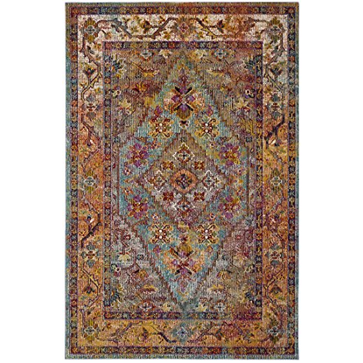 SAFAVIEH Crystal Collection Area Rug - 5' x 8', Light Blue & Orange, Medallion Distressed Design, Non-Shedding & Easy Care, Ideal for High Traffic Areas in Living Room, Bedroom (CRS507A)