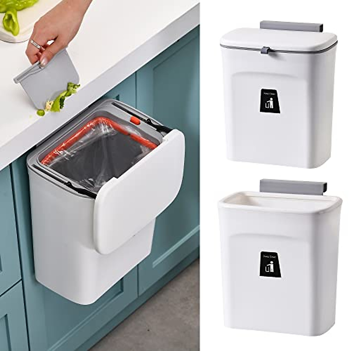 WDPUCHU 2.4 Gallon Hanging Trash Can for Kitchen Cabinet Door with Lid, Small Under Sink Garbage Can for Bathroom, Wall Mounted Counter Waste Compost Bin (White)