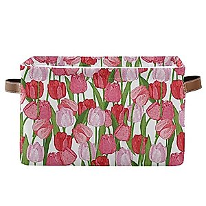 senya Flowers Tulips Summer Floral Storage Basket Storage Bin Storage Cube Box Durable Canvas Basket Organizer with Handles for Shelf Closet Bedroom Home Office