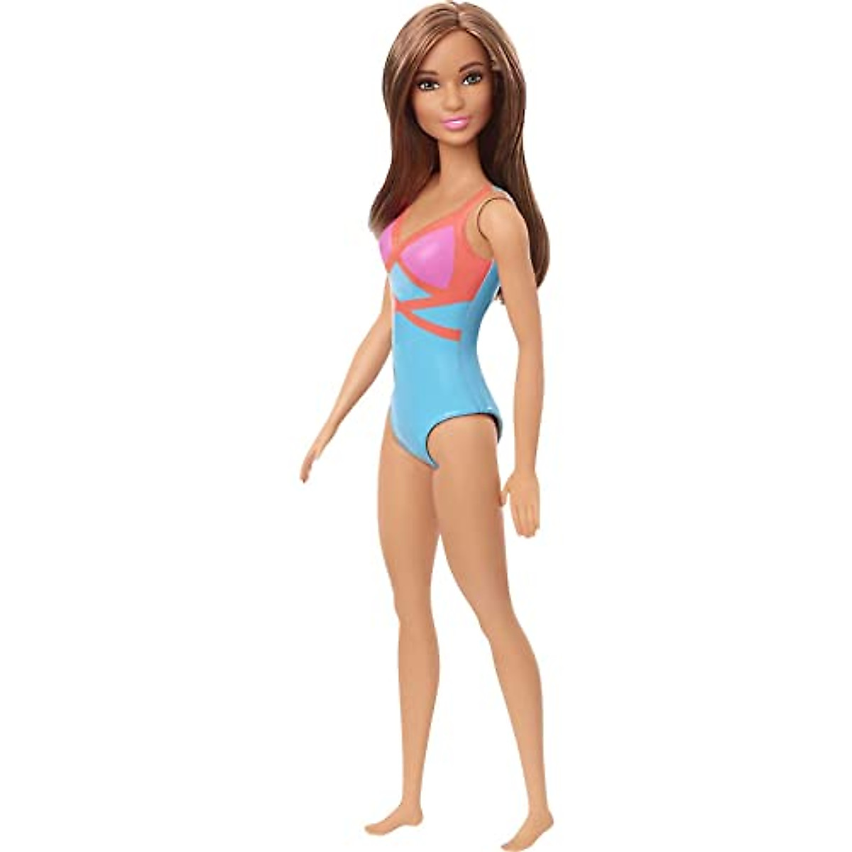 Barbie Doll, Brunette, Wearing Blue, Pink and Orange Swimsuit, for Kids 3 to 7 Years Old
