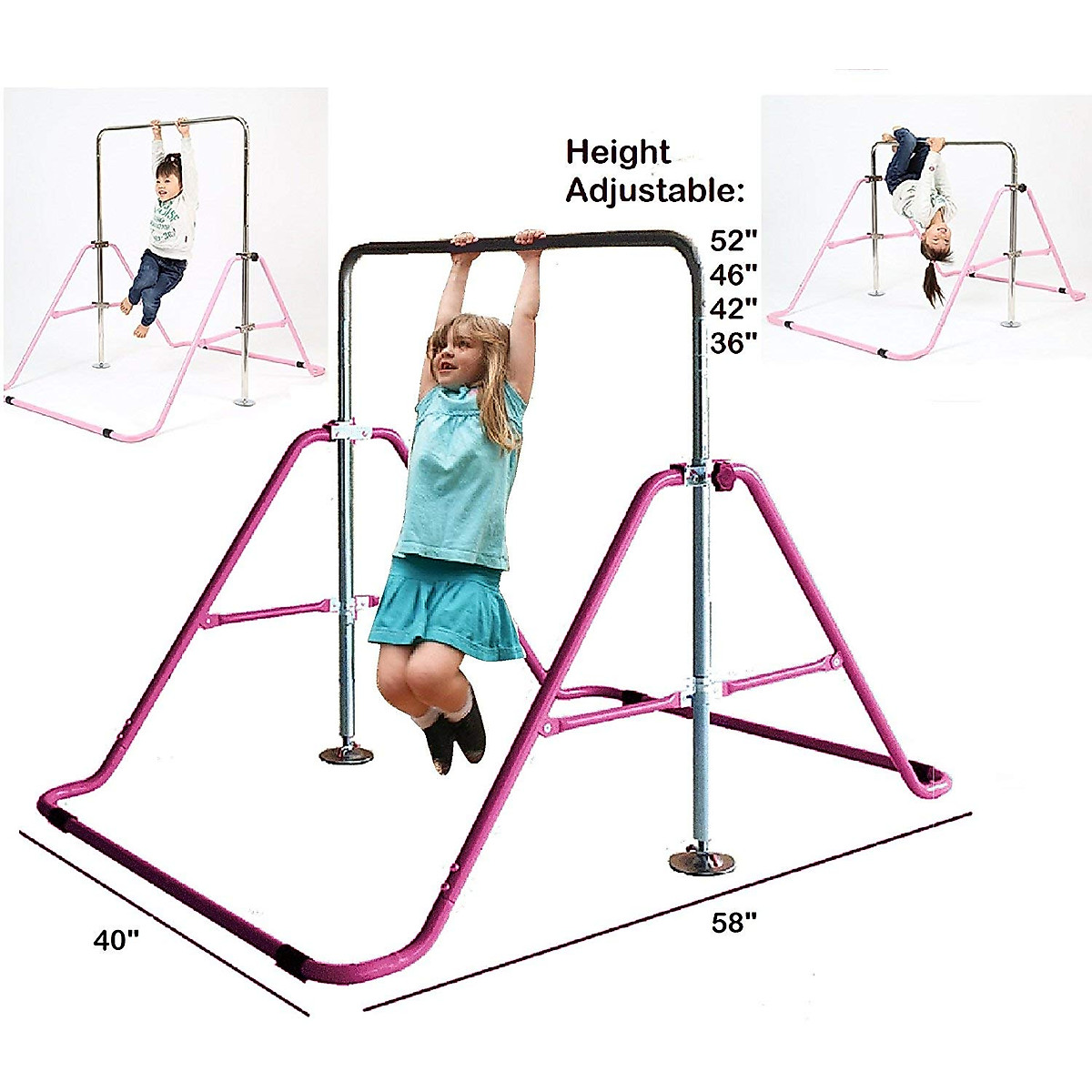 Gymnastics Bar for Kids Horizontal Kip Bar Jungle Gym with 8'x'4 EVA Puzzle Mat, Junior Training Monkey Bars Home Gym Adjustable Height Expandable Junior Training Bar Indoor Foldable (Pink)