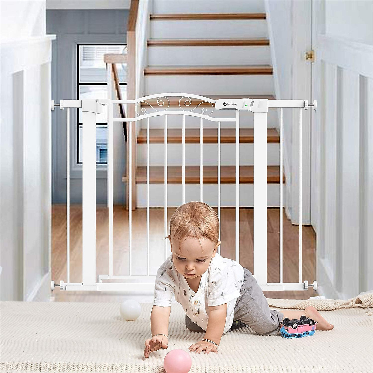 Tokkidas 40.6"-29.5" Auto Close Safety Baby Gate, Dog Gate, Durable Easy Walk Thru Child Gate for Stairs, Doorways, House, Includes 2.75" & 5.5" Extension, Pressure Mounted, NO Drilling, Arched White