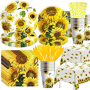 APOWBLS Sunflower Party Decorations Dinnerware, Sunflower Party Supplies For Birthday, Baby Shower, Bridal Shower, Plate, Cup, Napkin, Tablecloth, Cutlery, Straw, Sunflower Table Decorations, Serve 24
