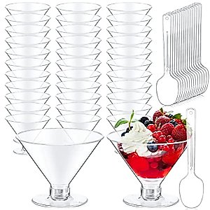 Yinkin Clear Plastic Martini Glasses 5 oz Disposable Cocktail Glasses Mini Martini Plastic Cups Dessert Plastic Shot Glasses Unbreakable with Spoons for Weddings Party Wine Appetizers Food(100 Pack)