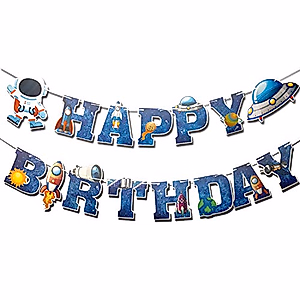 Outer Space Theme Birthday Banner Happy Birthday Signs with Astronaut Rocket UFO Spaceman Universe Planet Galaxy Funny Birthday Party Backdrop Hanging Decorations 16pcs