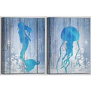 USIXA Mermaid Wall Decor for Bathroom and Girls Room with Set of 2 Panels, Blue Jellyfish Canvas Artwork 12x16 Inches in Wooden Frame