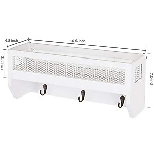 MyGift 16-inch Country Rustic White Wood & Metal Wall-Mounted Storage Wire Mesh Basket Rack w/Key Hooks