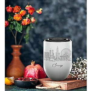 Chicago Illinois Gifts and Souvenirs - 12 Oz Insulated Wine Tumbler with Lid - Chicago College Graduation Gifts - Unique Drinkware - USA Long Distance Gifts for Her