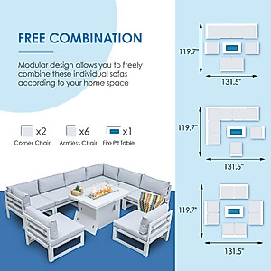 NICESOUL® 9 Pieces Aluminum Patio Furniture with Fire Pit Table Outdoor Conversation Set 43" Propane Gas Convertable Outdoor Modern Luxury Sectional Sofa Set White Color