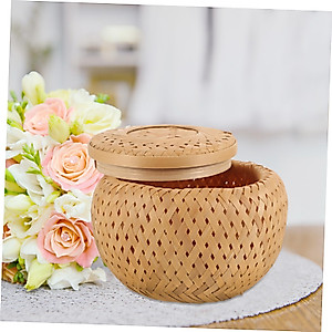 LIGHTAOTAO Bamboo Weaving Round Bamboo Basket with lid Tea Bag Organizer Coffee Canister Woven Serving Bowl Wicker Organizer bin Basket for Snacks Bread Basket Holder Gift Basket Food