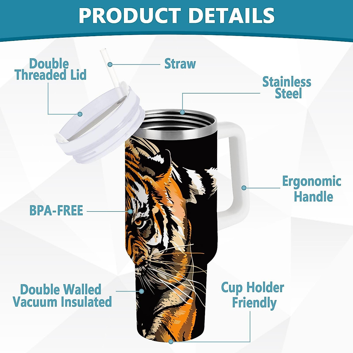 ALAZA Tiger Swooping Howling 40 oz Tumbler Stainless Steel Water Bottle Vacuum Insulated Cup with Straw Lid & Handle For Travel Car Cup Holder