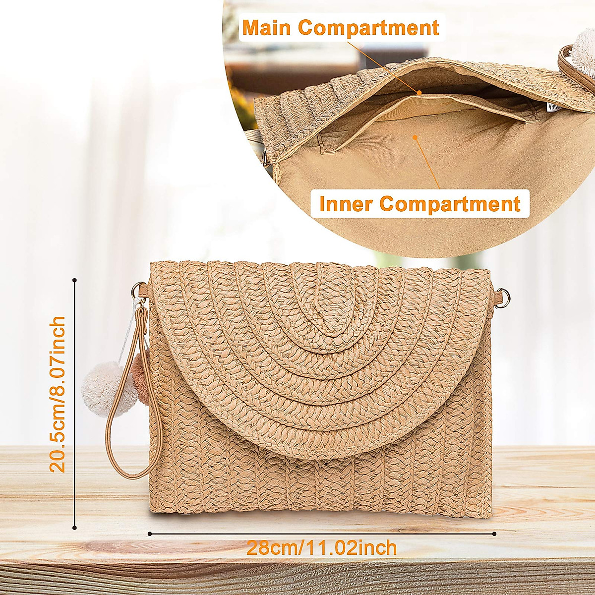 Kadell Straw Shoulder Bag, Women Straw Envelope Clutch Purse, Chic Handmade Straw Crossbody Bag, for Summer Beach (Brown-with pompoms)