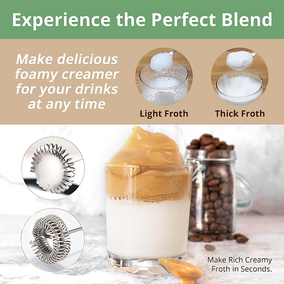 GYNSCO - Milk Frother Rechargeable (USB) with 4 Electric Whisk Frother Tools, Easy-to-Use Handheld Stirrers Electric Powered for Mixing Coffee, Latte, Eggs, Baby Food, Hot Choco & More