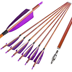 SHARROW 30 Inch Archery Carbon Arrows Bamboo Pattern Shaft 500 Spine Practice Hunting Arrows with Natural Feather Fletching for Archery Hunting Target Shooting 6/12pcs (12pcs)