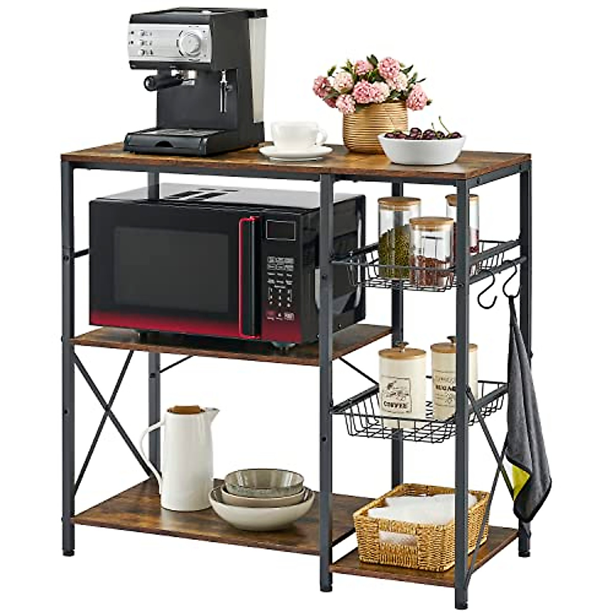 Hoctieon 3 Tier Microwave Oven Shelf, Microwave Storage Kitchen Storage Rack with 4 Hooks, Microwave Stand with 2 Slide-Out Baskets,Kitchen Baker's Rack, Microwave Oven Stand