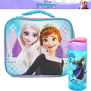 Disney Frozen 2 Lunch Box with Water Bottle Set- Kids Soft Insulated Lunch Bag for Girls and Boys