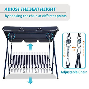 SUPERJARE Porch Swing with Adjustable Height Chain, 70’’ Convertiable Canopy Outdoor Swing, 3 Person Patio Swing, Outside Swing Chair for Yard, Garden, Poolside - Blue and White