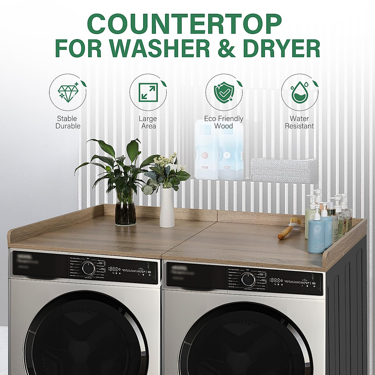 Washer Dryer Countertop, Laundry Countertop with Edge Rails, 27.5" Depth x 54" Washer and Dryer Covers for the top, for for Laundry Room Organization and Storage（Knife wood color）