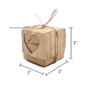 VGoodall 100PCS Wedding Favor Candy Boxes, 2x2x2 Inches Mini Cube Brown Candy Gift Boxes with Heart Burlap Jute Twine for Guests Bridal Baby Shower Birthday Party Decorations