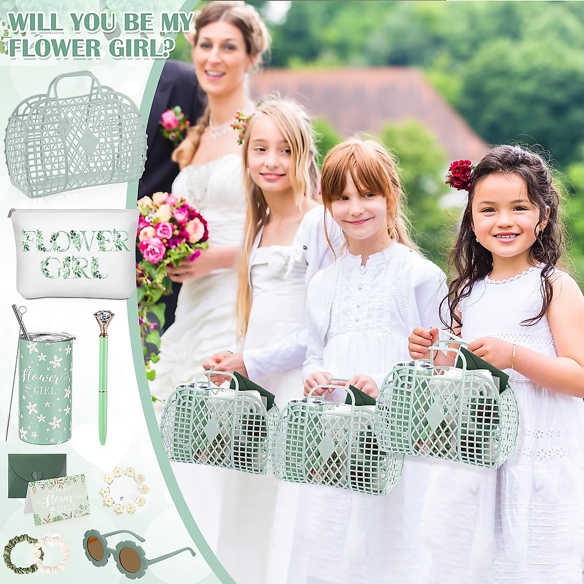 Ninehaoou 10 Pcs Flower Girl Jelly Basket Set Flower Girl Tumbler Sunglasses Makeup Bag Hair Scrunchies Clip Proposal Card with Pen Envelope Plastic Handbag for Wedding Bridal Shower (Green)