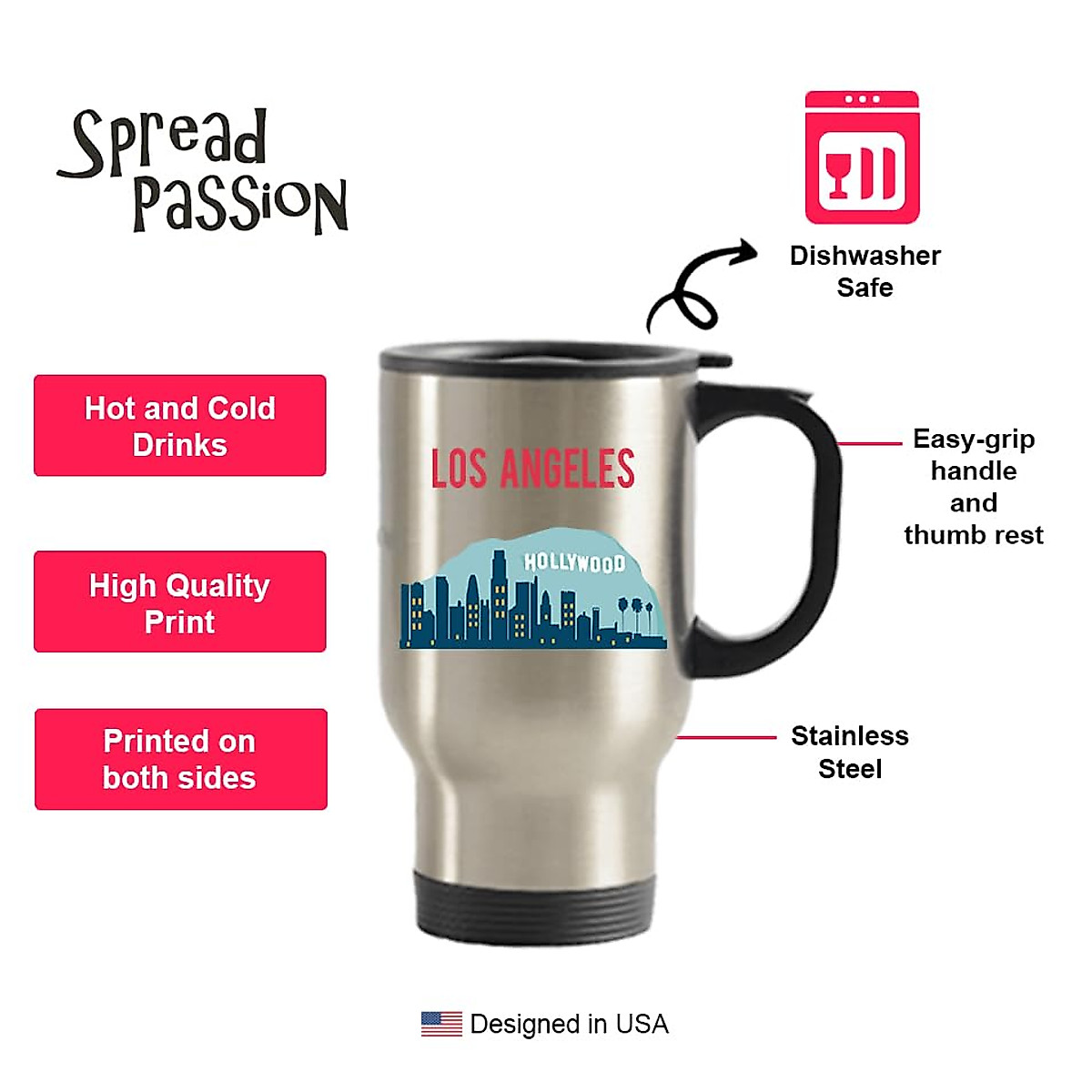 SpreadPassion Los Angeles Travel Mug- Funny Tea Hot Cocoa Coffee Insulated Tumbler Cup - Novelty Birthday Christmas Anniversary Gag Gifts Idea