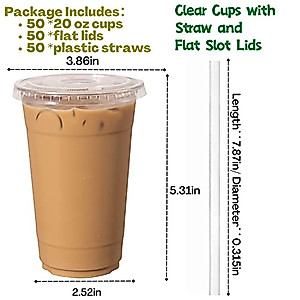 botogift [50 Sets]  20 oz Clear Plastic Cups with Flat Lids and STRAWS, Disposable Coffee Cups, Drinking Cups for Cold Drinks, Milkshakes, Juice, Smoothies, Slurpee