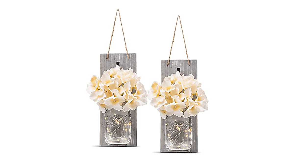 HOMKO Rustic Mason Jar Wall Decor with Timer & Lights