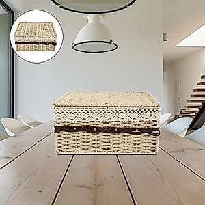 Homoyoyo Collapsible Laundry Baskets Wicker Storage Baskets Seagrass Storage Basket Bin Rectangular Wicker Basket with Lid for Shelves and Home Organizer Beige Small Storage Baskets Woven Baskets