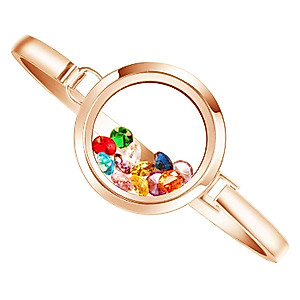BG247 Stainless Steel 30mm Glass Floating Memory Living Locket Bangle Bracelet (Rose Gold Rhinestone Circle, 8)