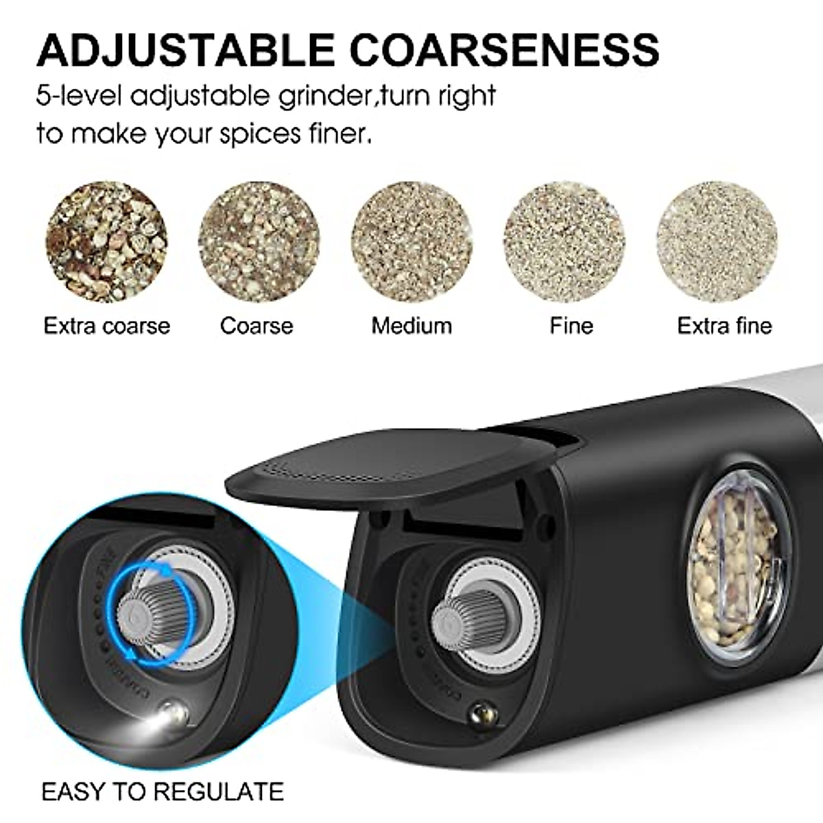 Heyrsun Electric Salt and Pepper Grinder Set, 2 Usb Rechargeable Stainless Pepper Grinder with Led Light, Adjustable Coarseness, Refillable Automatic Salt and Pepper Grinder Set with Charging Base