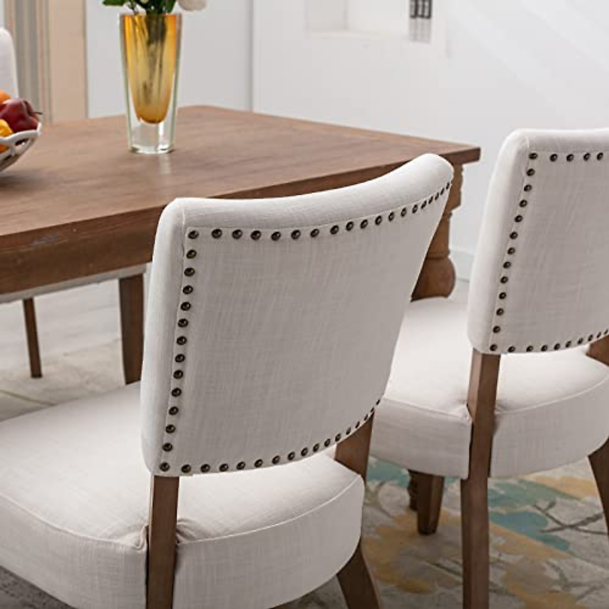 Guyou Farmhouse Cream Dining Chairs Set of 4, Linen Dining Room Chairs with Bronze Nailhead Upholstered Kitchen Side Chairs with Wood Legs for Living Room (Cream)