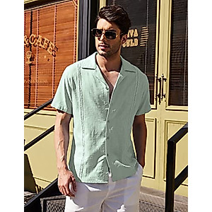 COOFANDY Men's Cuban Shirt Short Sleeve Linen Tops Casual Beach Button Up Shirts A - Light Green