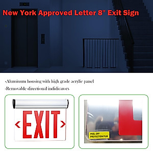 Garrini New York Approved Letter 8" Exit Sign Emergency Light Replaceable Acrylic Panel Removable Directional Indicator, Single and Double Face Optional, Fire Resistant UL Certified GMSEL-200