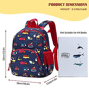 Ryushoyo Toddler Kids Backpack Boy Truck Excavator Crane Preschool Cute Backpack Child Daycare School Bag Nursery with Chest Strap Red Dark Blue