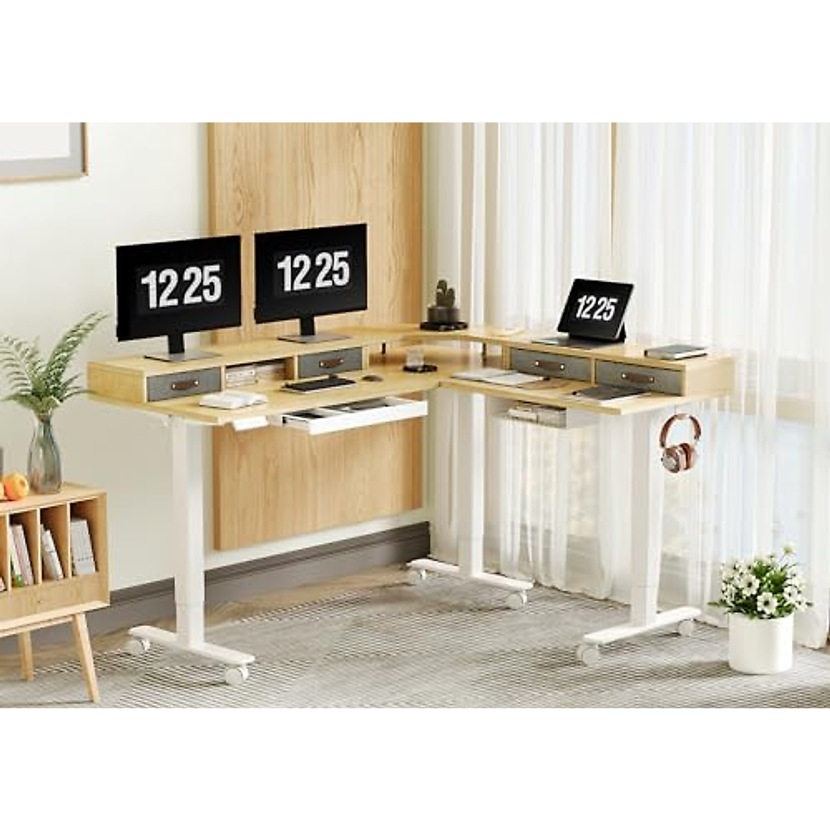 INNOVAR Triple Motor L Shaped Standing Desk with Drawers, Solid Wood Adjustable Corner Stand Up Desk, 63" Electric Standing Desk for Home Office, White Frame/Nature Top