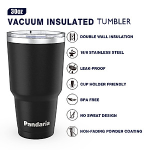 Pandaria 30 oz Mens Travel Coffee Tumbler Cups, Double Wall Stainless Steel Reusable Spill Proof Tumbler with Straw, Leak Proof Insulated Tumbler with Straw for Iced Coffee, Tea & Water (Black)