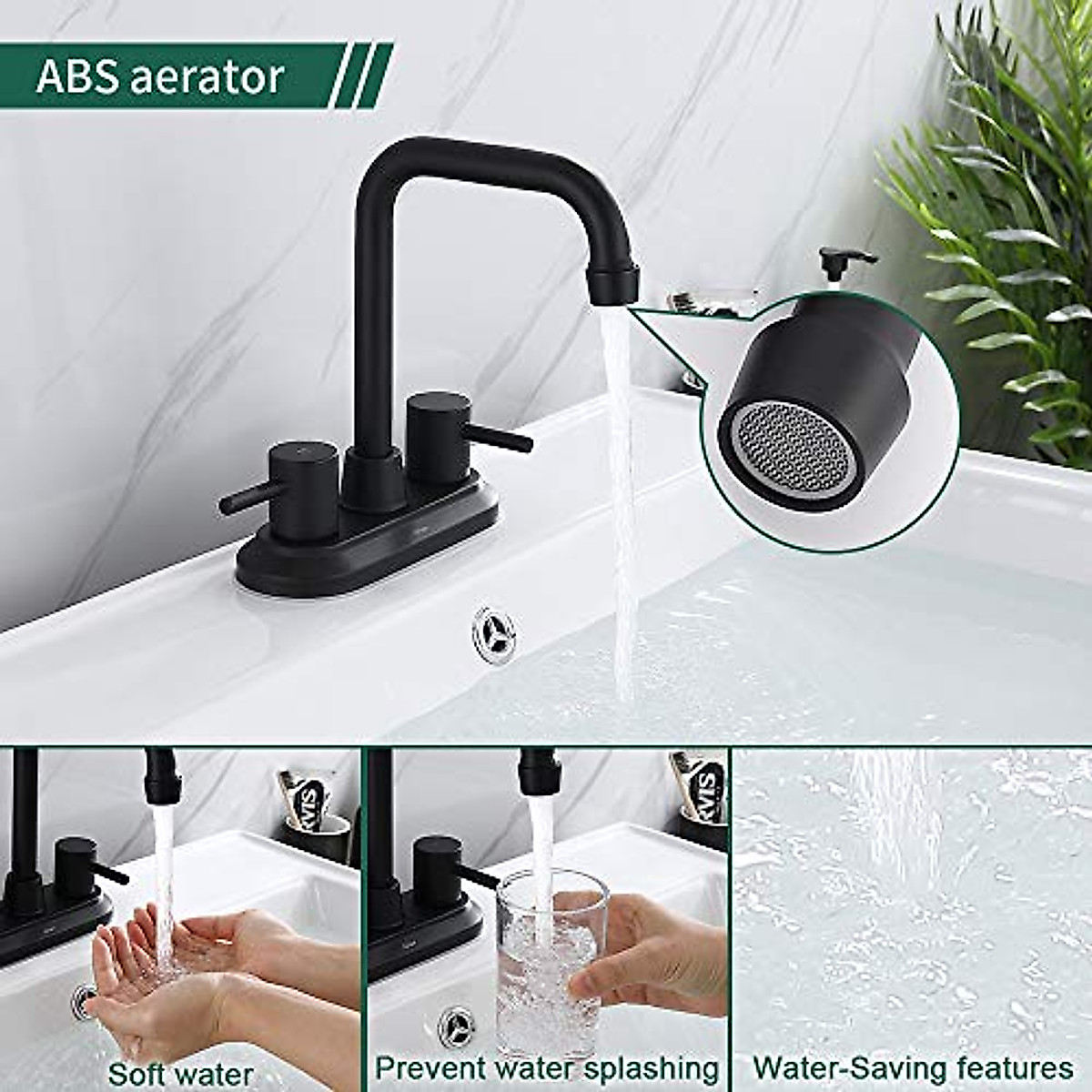 AiHom Bathroom Faucet Black 4 Inch Lavatory Faucet 2 Handle Centerset Bathroom Sink Faucet, Stainless Steel High Arc 360° Swivel Spout Vanity Faucet (Sink Drain and Supply Hose not Included)