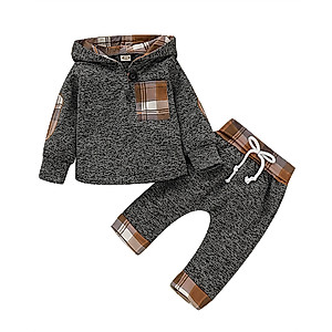 Baby Boy Clothes 1 Year Old Boy Fall Outfits Long Sleeve Plaid Sweatshirt Toddler Boy Outfits 12-18 Months Clothes Coffee