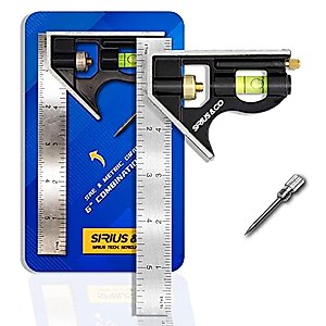 Sirius&Co 6" Combination Square of Metric and Imperial Measurements Stainless Steel Angle Ruler