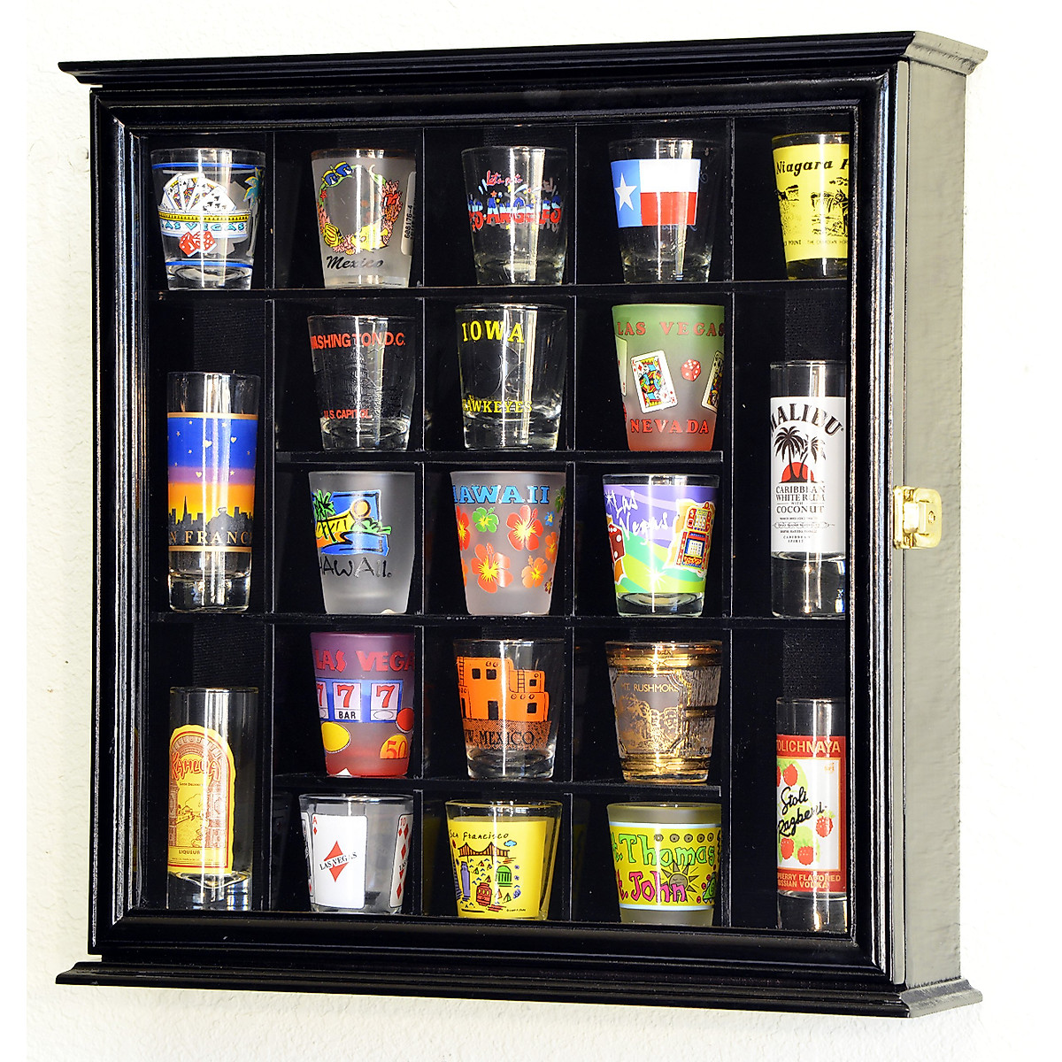 21 Shot Glass Shotglass Shooter Display Case Holder Cabinet Wall Rack 98% UV Lockable -Black