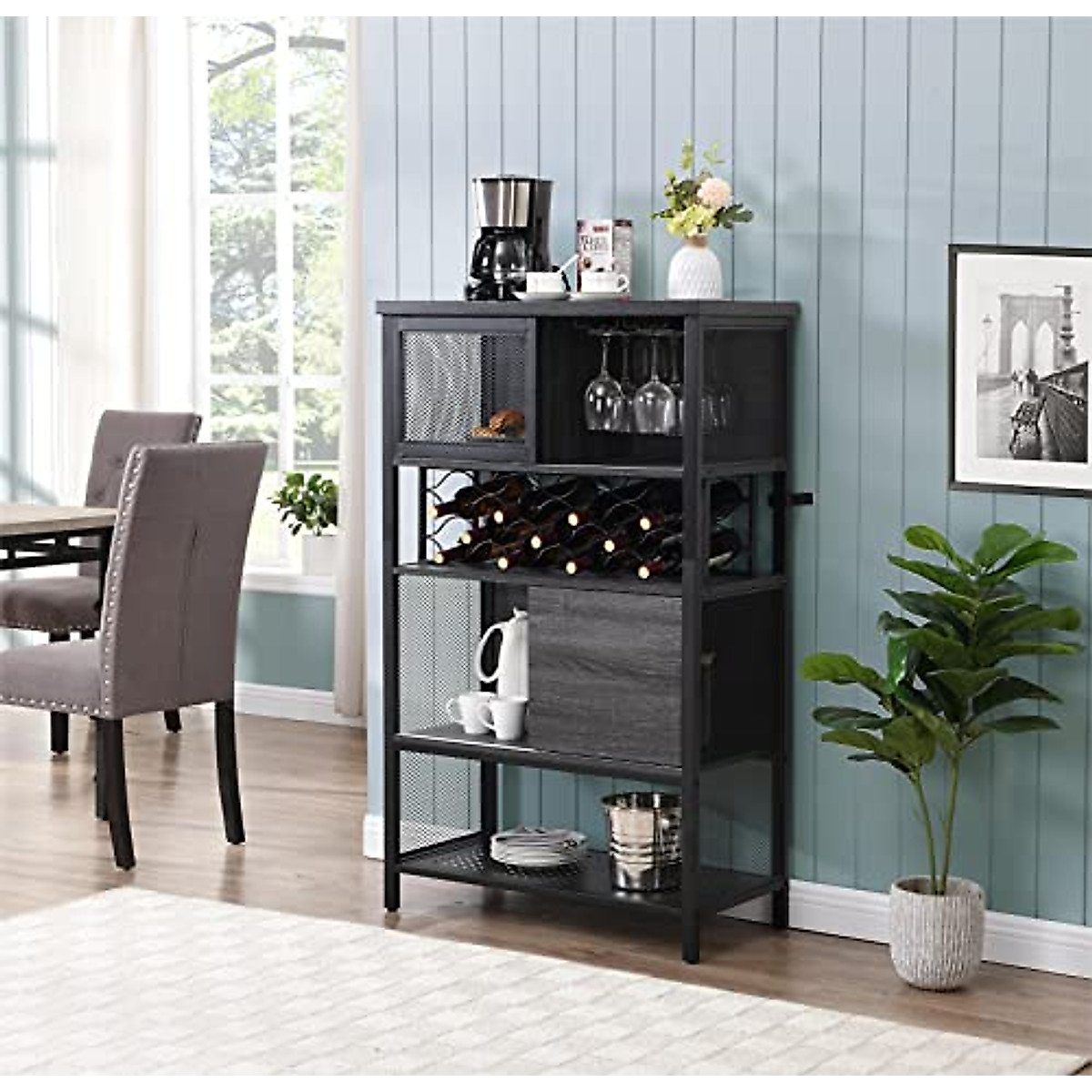 CEMKAR Industrial Bar Cabinet, Modern High Display Wine Storage Rack, Wood and Metal Cabinets for Home Kitchen Storage, Restaurant Cafe Cafeteria Bar Cabinet (Black+Gray)