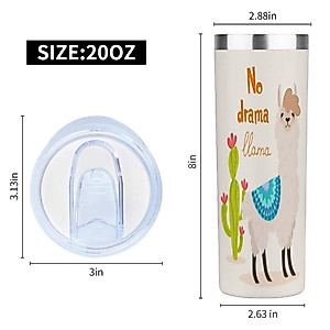 silichee 20 Oz Insulated Tumblers Stainless Steel Cup with Lid Stylish Cartoon Lama Ornament Cactus No Drama Llama Poster Tumblers Double Wall Vacuum Coffee Mugs for Cold Hot Drinks for Sport